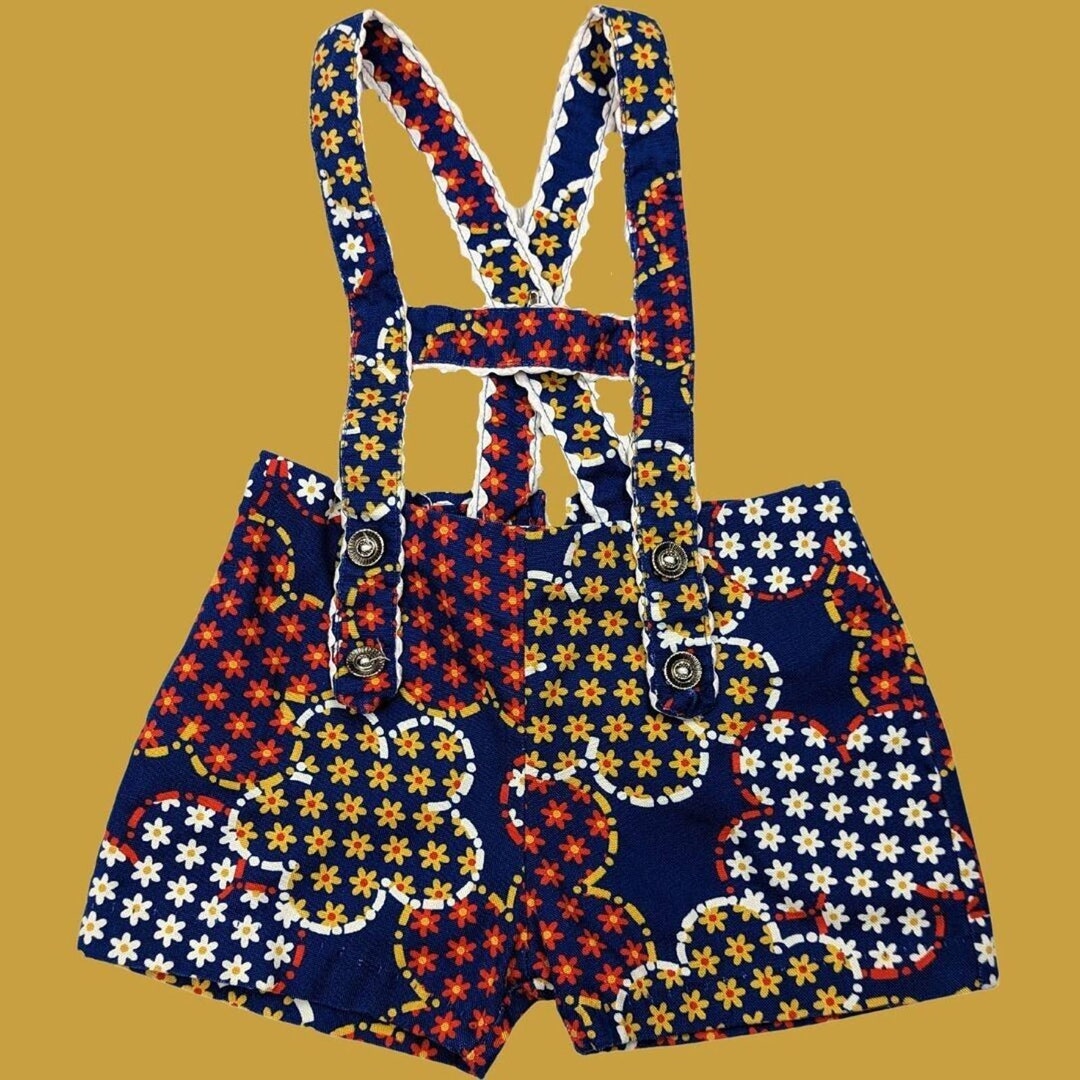 Vintage MCM 70s Girls Floral Patchwork Hippie Groovy Overalls Shortalls ...