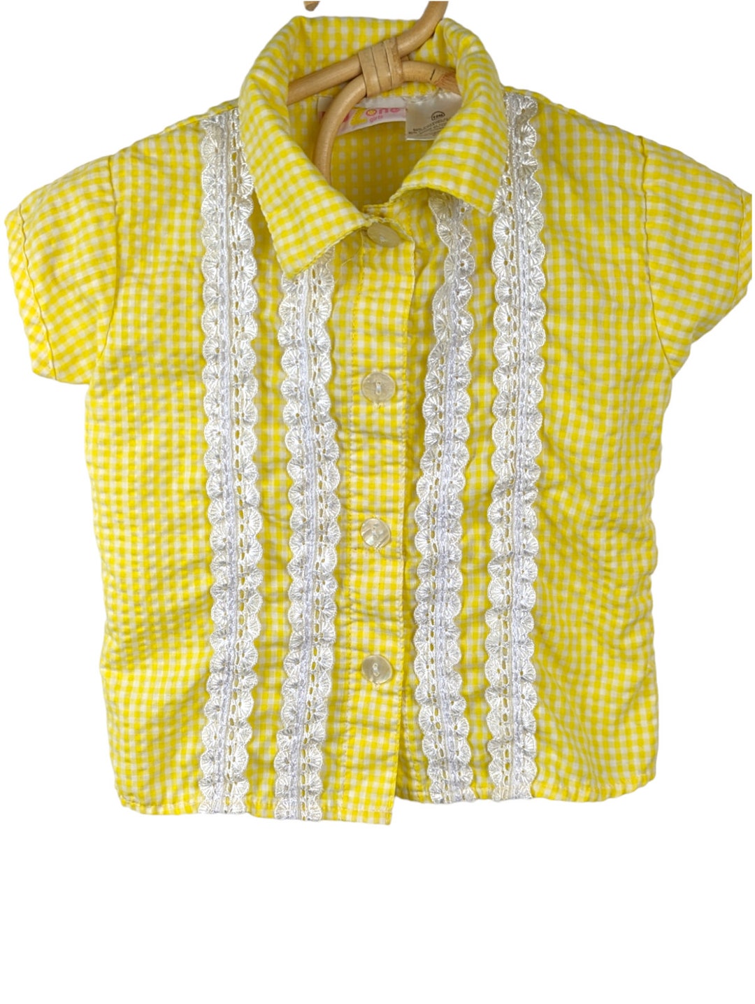 Vintage Kidzone Baby Girls Yellow White Gingham Ruffle Eyelet Shirt ...