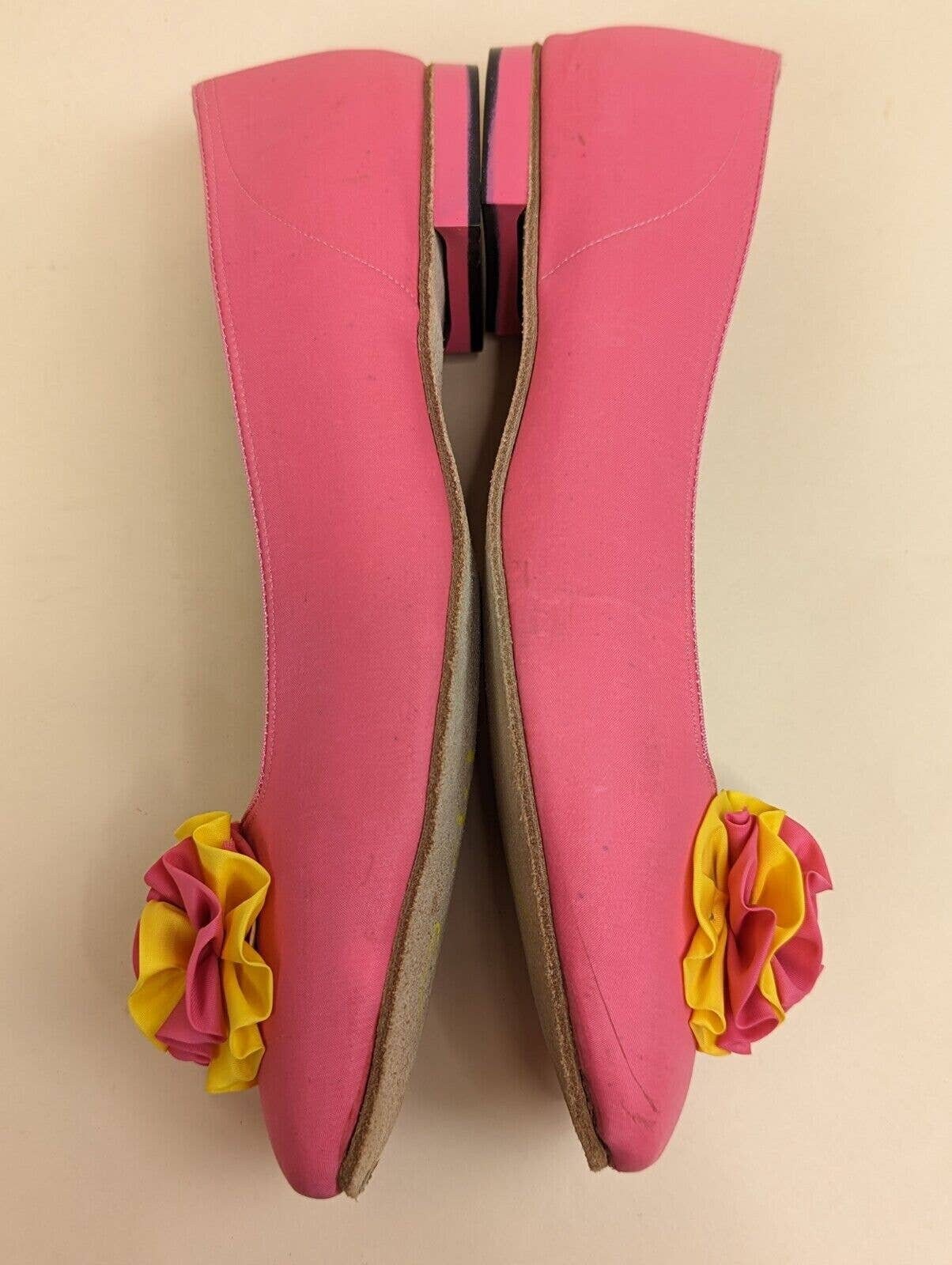 VINTAG 60s 70s Oomphies Pink Yellow Mod Psychedelic Silk Slip on Pom Sz ...