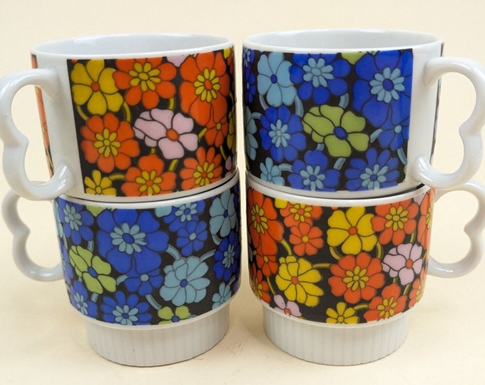 Vintage 60s MCM Flower Power Groovy Stacking Ceramic Mugs Cups Japan ...