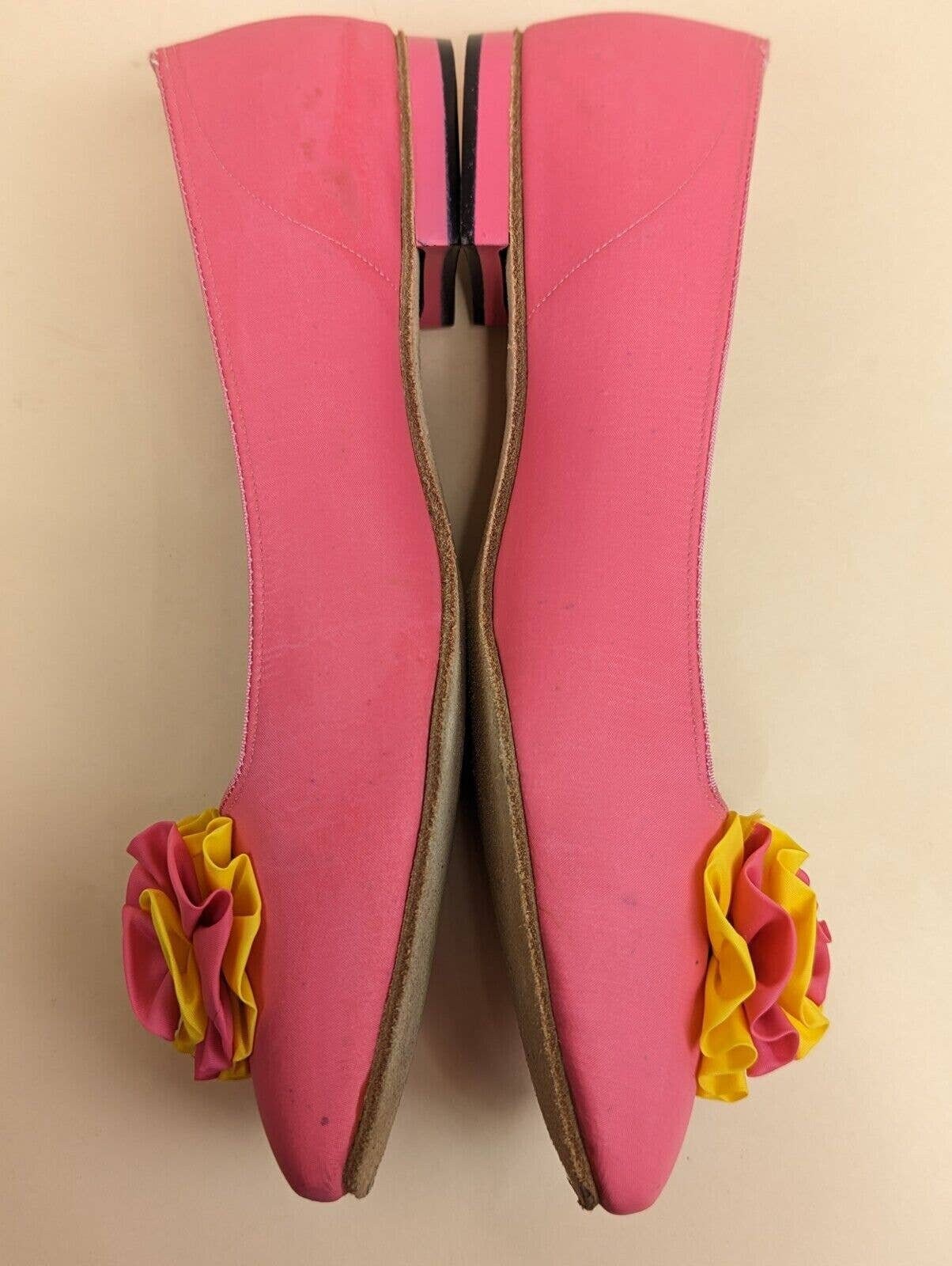 VINTAG 60s 70s Oomphies Pink Yellow Mod Psychedelic Silk Slip on Pom Sz ...