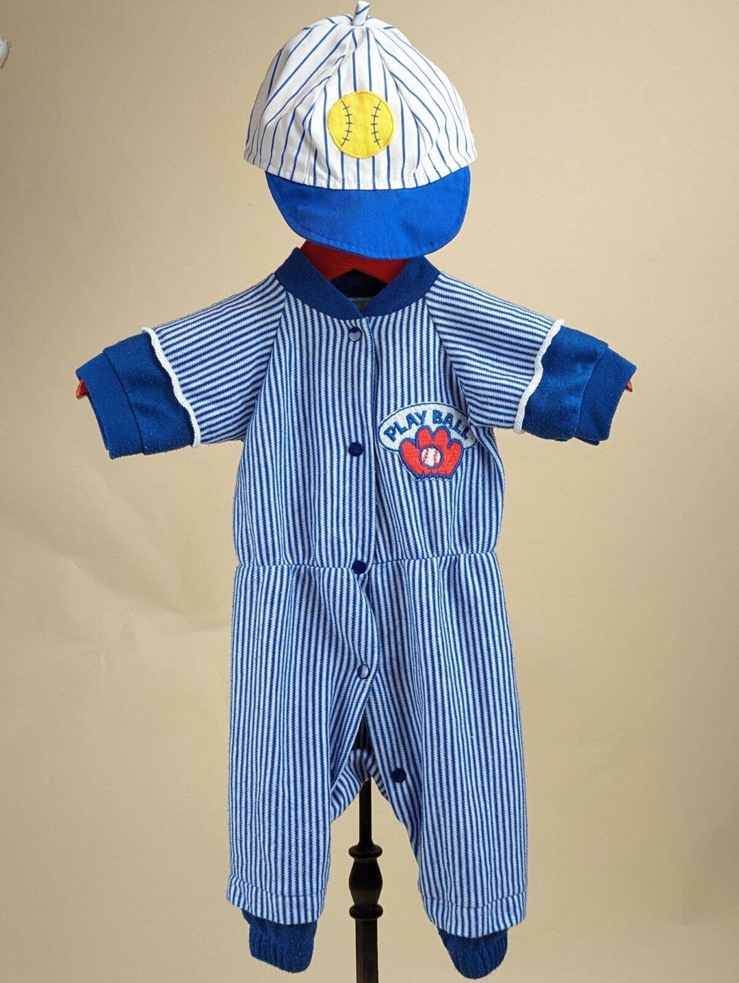 Vintage Terry Boys Baseball Blue White Striped Romper Jumper Sz M 3-6mo ...