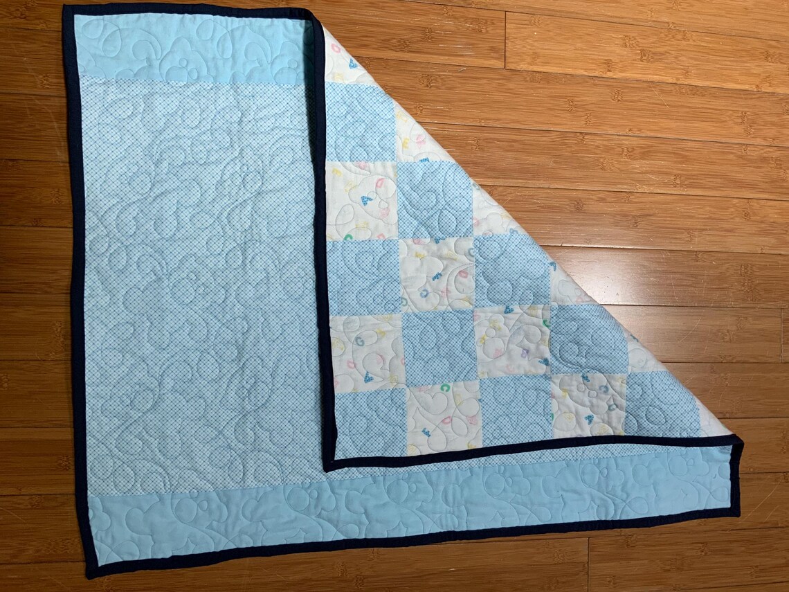 Soft Blue Baby Quilt With Handcrafted Patterns - Etsy