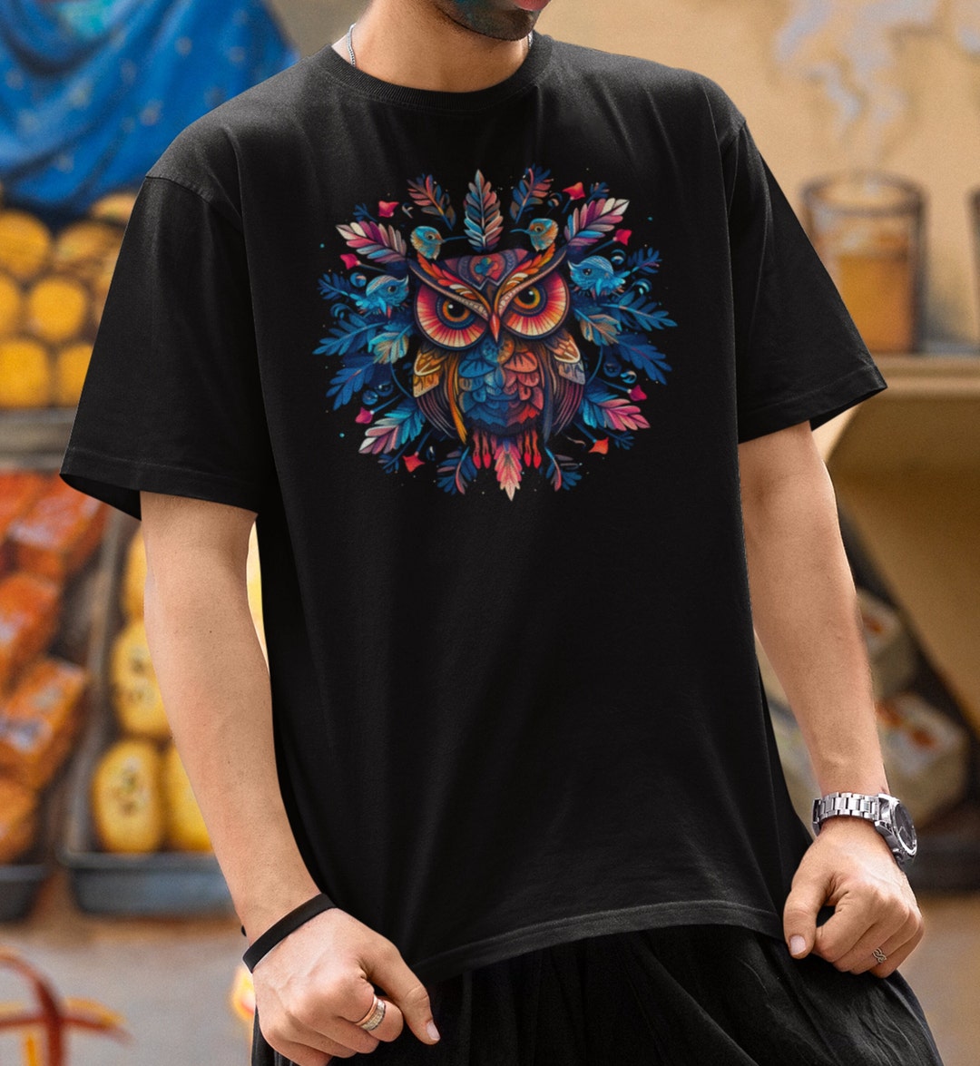 Mystic Owl T-shirt Dark Multicolor Owl Graphic Tee, Psychedelic Bird ...