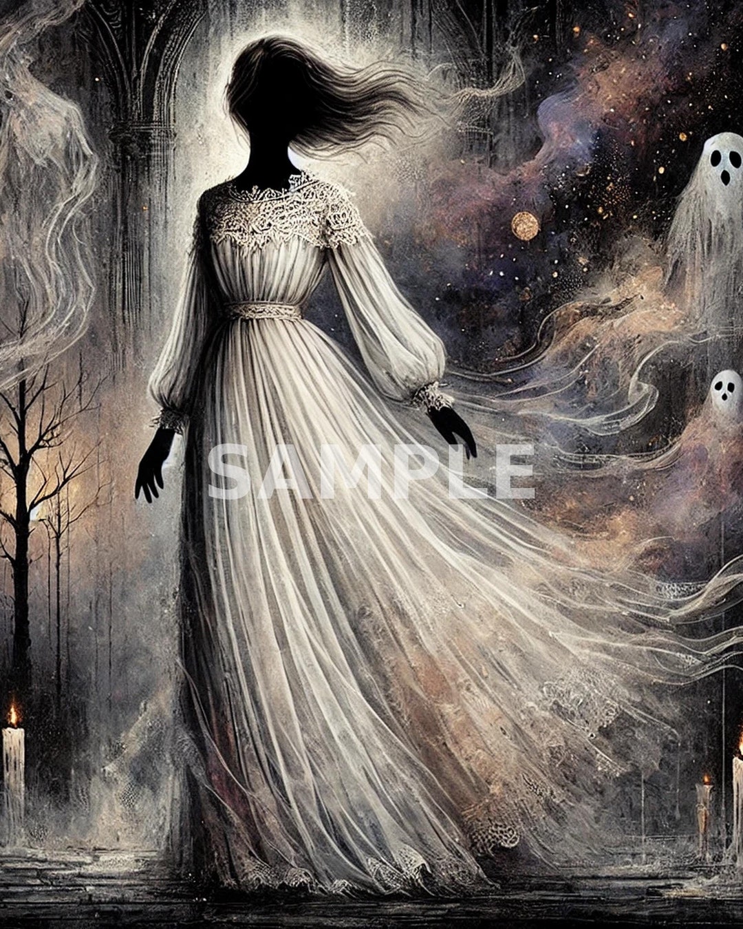 Spooky Gothic Girl Printable – Haunted White Nightgown Art, Ghostly ...