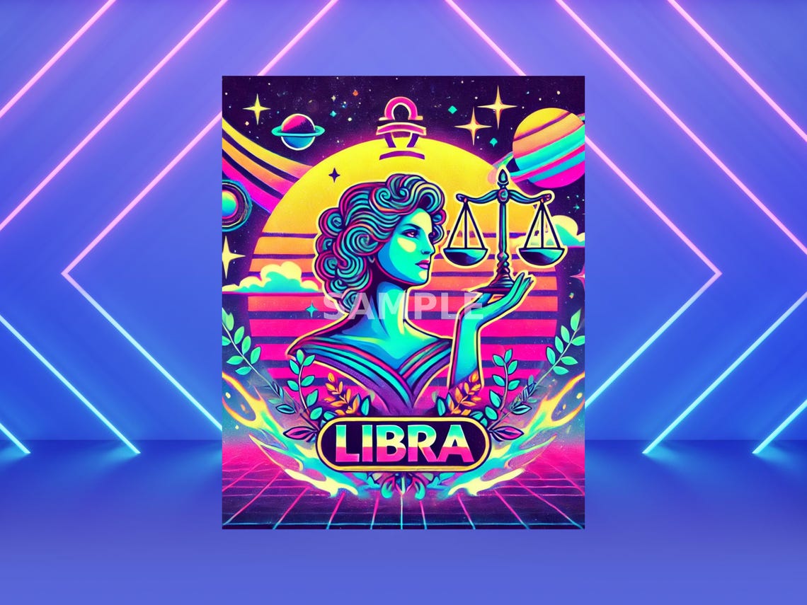 Retro 80s Libra Art Print: Neon Astrology (digital Download) - Etsy