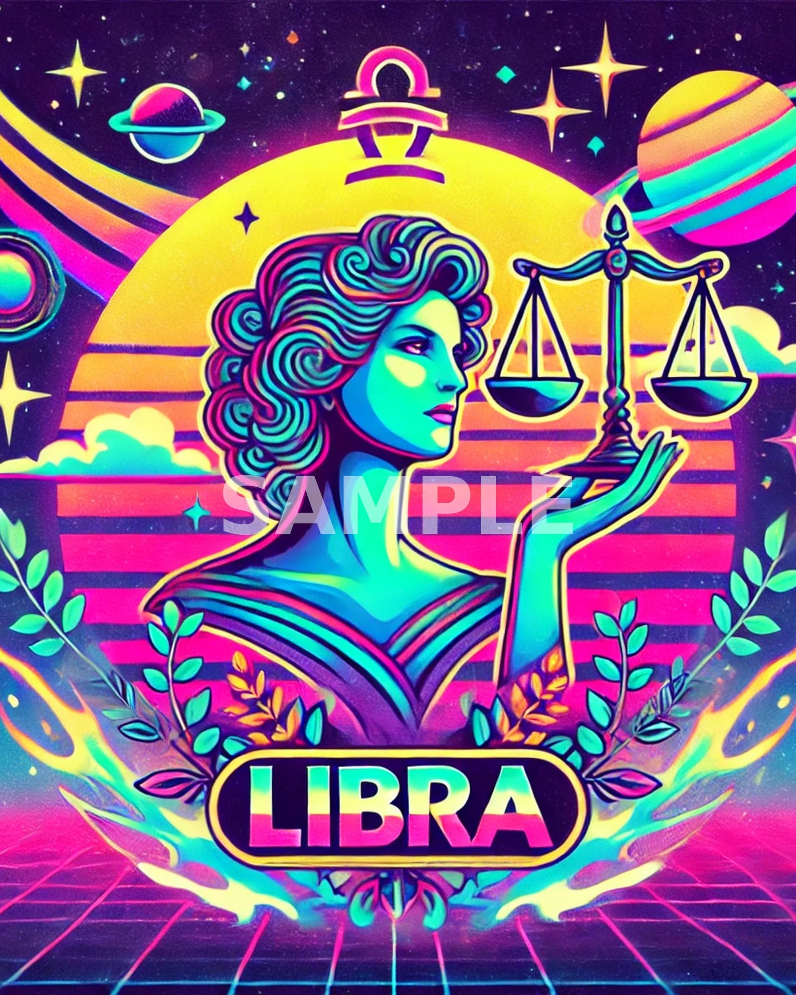 Retro 80s Libra Art Print: Neon Astrology (digital Download) - Etsy