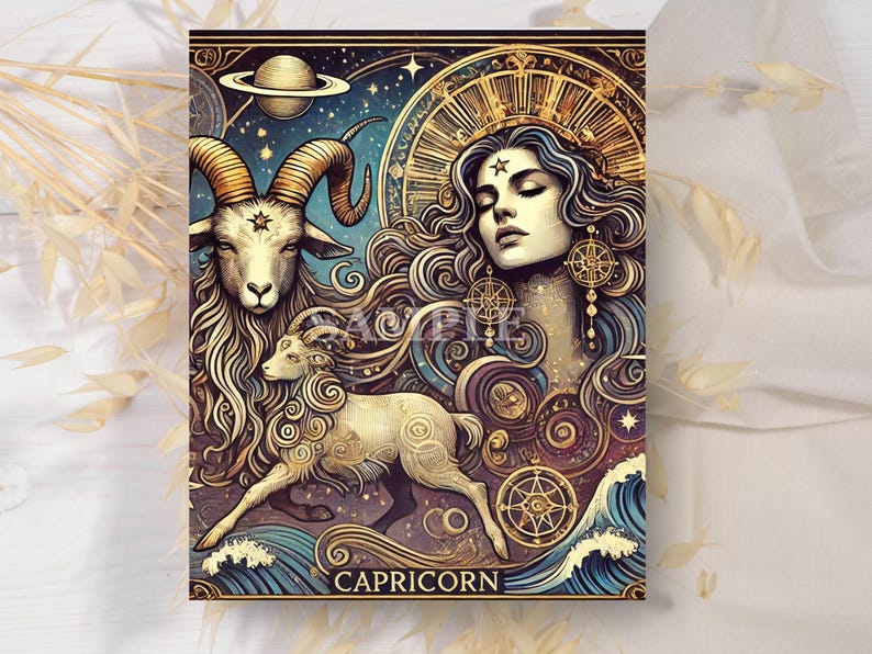 Capricorn Tarot Card - Art Deco Zodiac Print - Mystical Digital ...