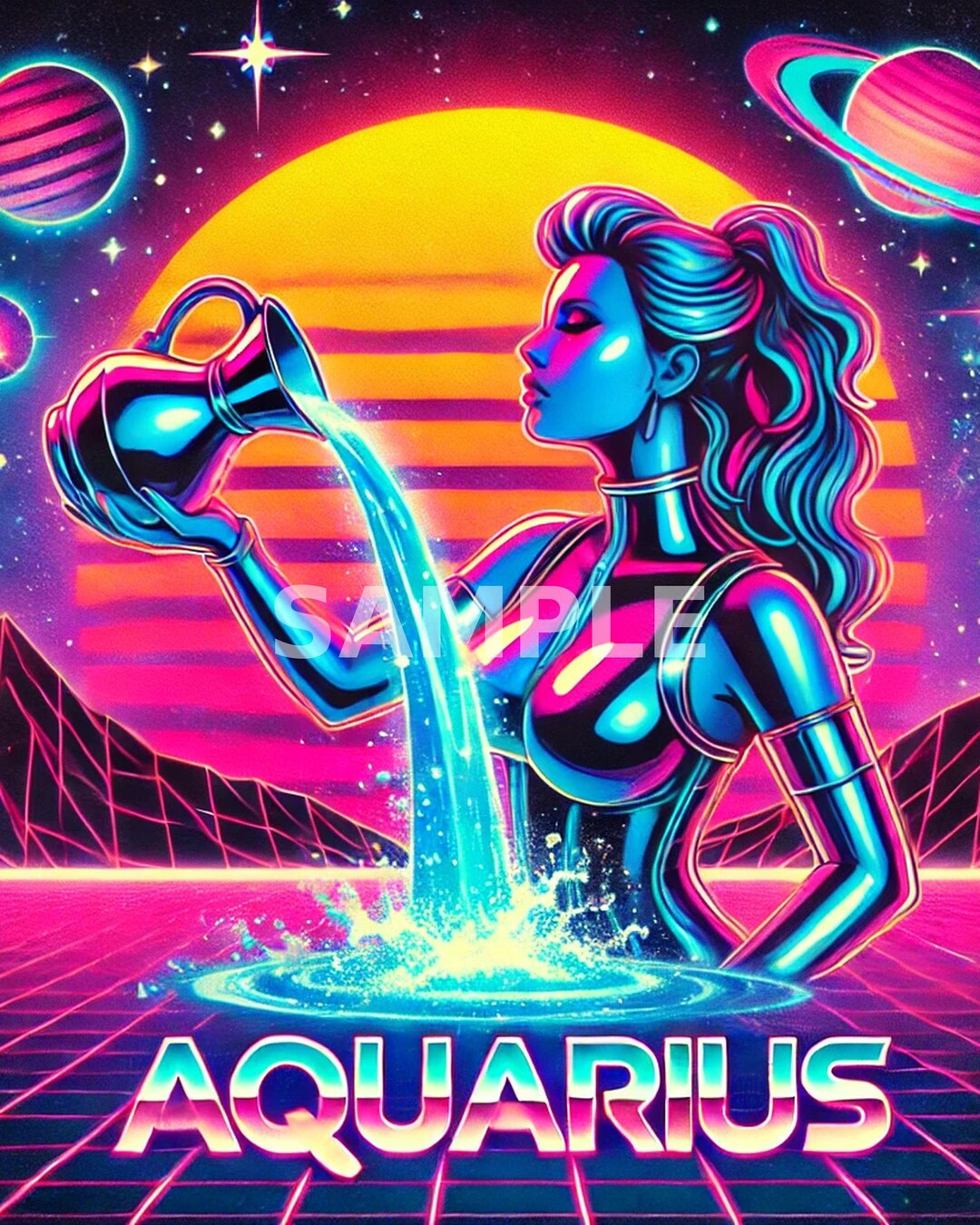 Aquarius Zodiac 80s Printable – Retro Neon Water Bearer Art, Synthwave ...