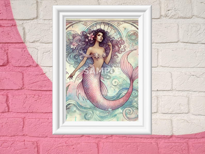 Art Nouveau Mermaid Print: Watercolor Ocean Goddess (digital Download ...