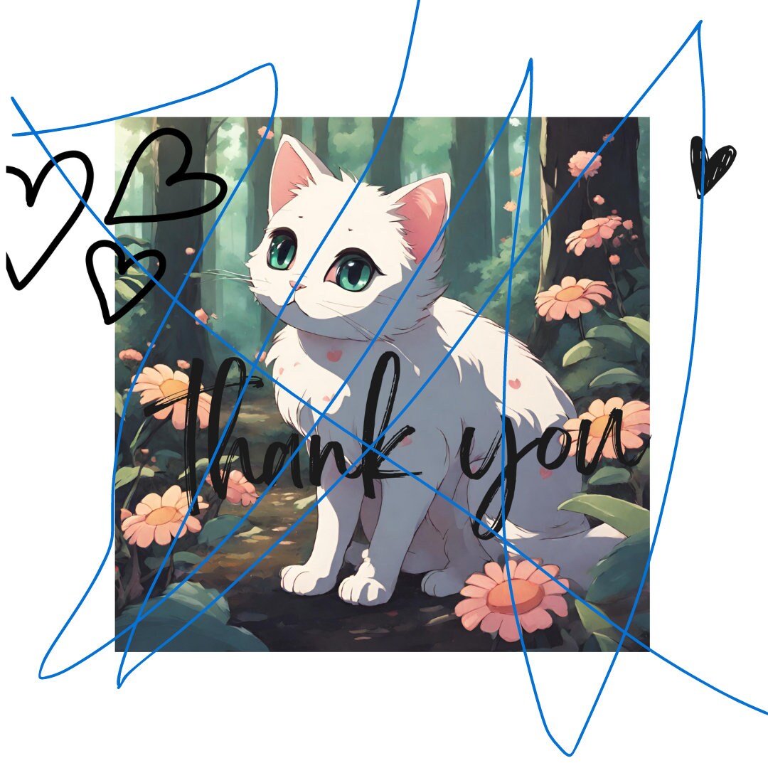 Cute Cat in Forrest Anime Thank You Care With Hearts - Etsy