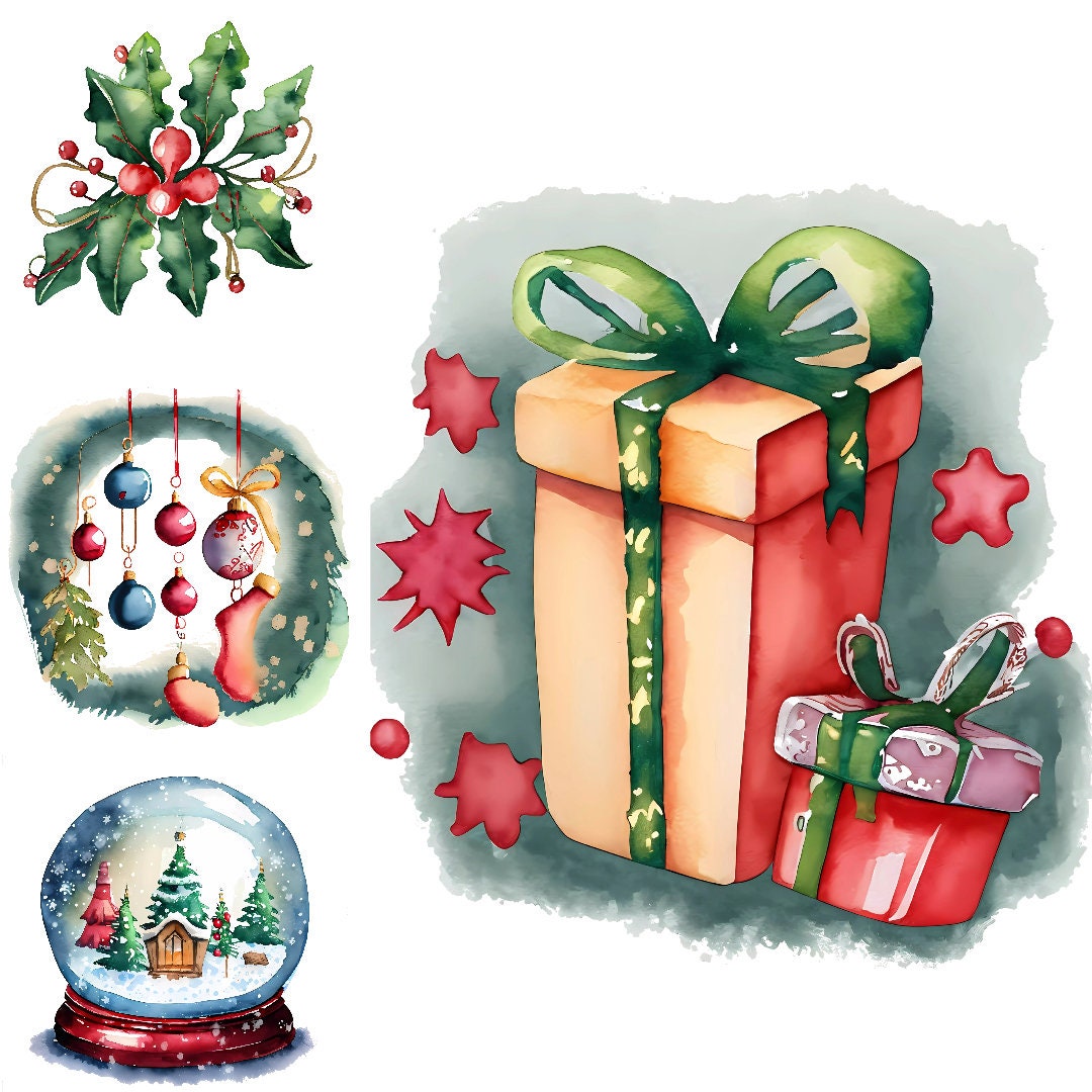 Cute Christmas Watercolor Clipart Bundle, Cute Santa Watercolor ...
