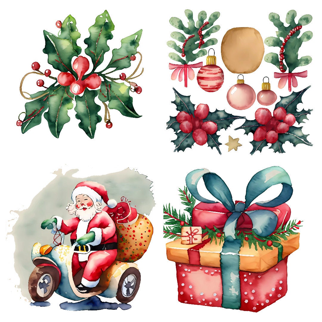 Cute Christmas Watercolor Clipart Bundle, Cute Santa Watercolor ...