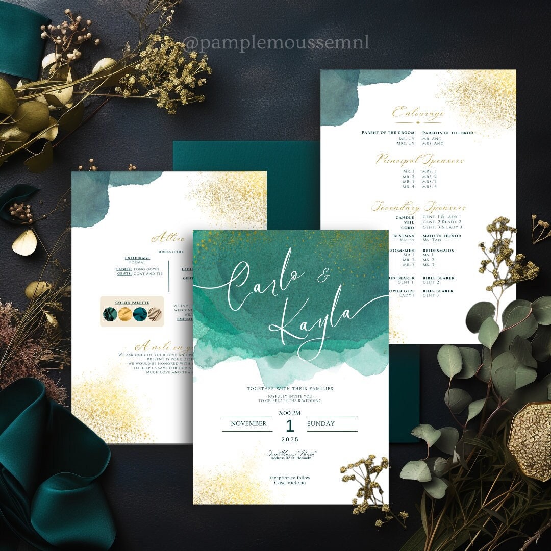 Canva Template Emerald Green Wedding Invitation DIY 5x7 Size CANVA ...