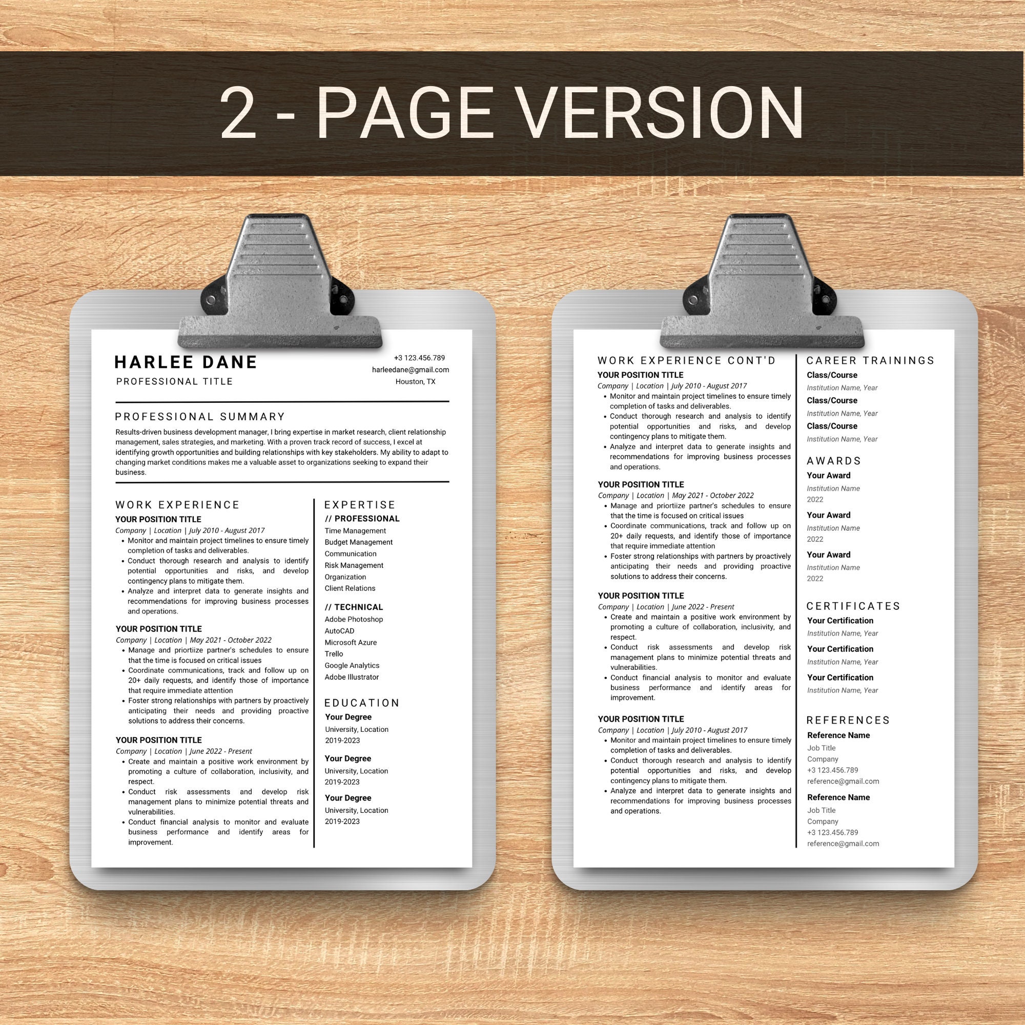2023 Professional Resume Template for Canva Simple Modern One and Two ...