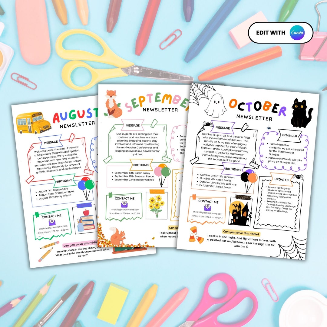 Newsletter Template, Editable Newsletter, Monthly Newsletter, School ...