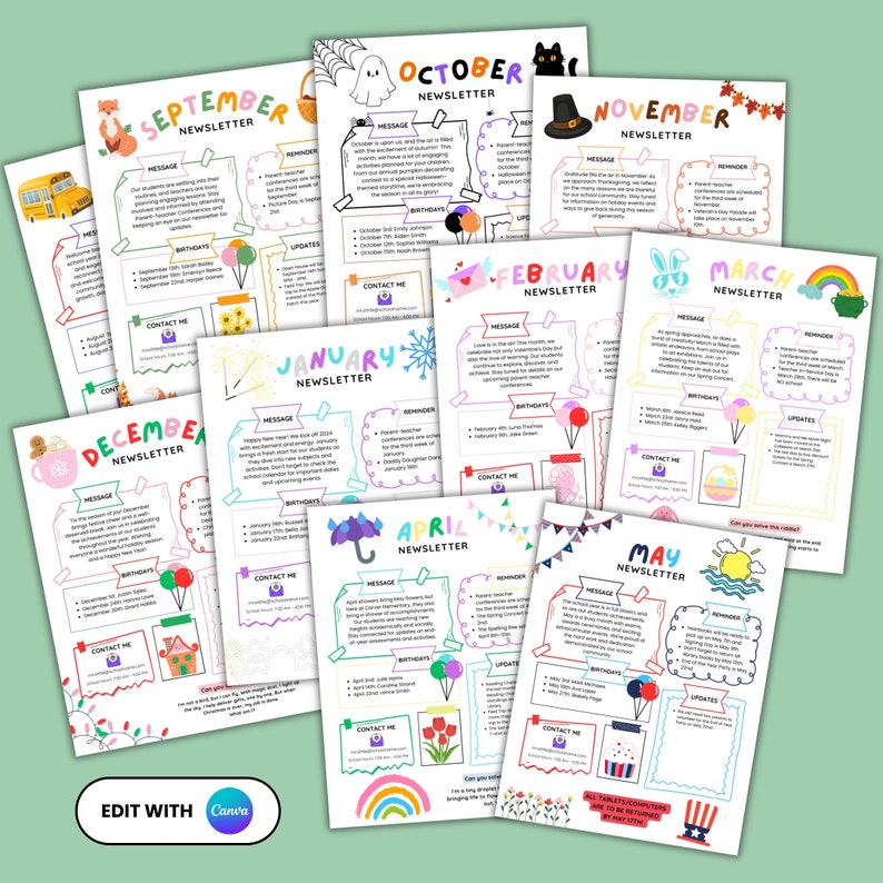 Newsletter Template, Editable Newsletter, Monthly Newsletter, School ...