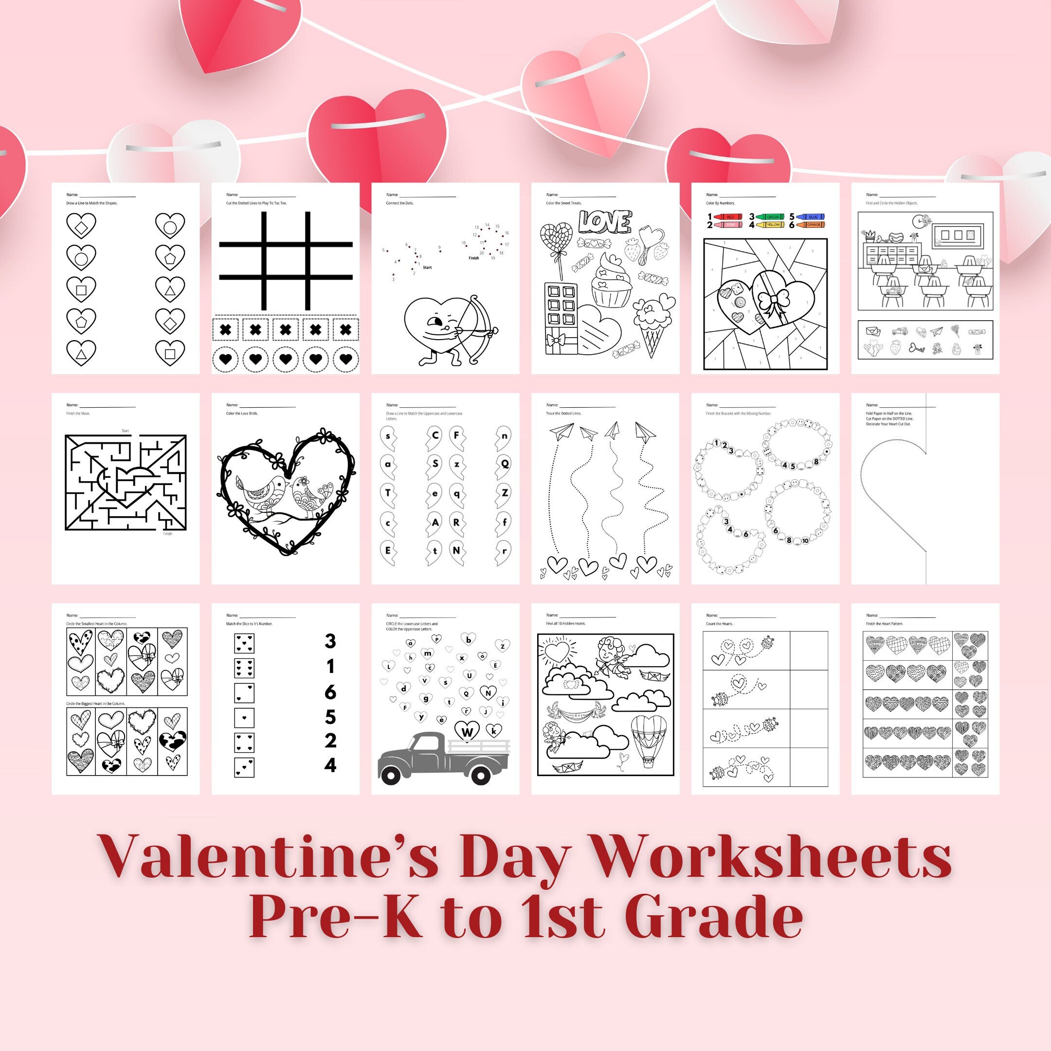 Valentines Day Pre-k to 1st Grade Worksheet Bundle, Valentines Day ...