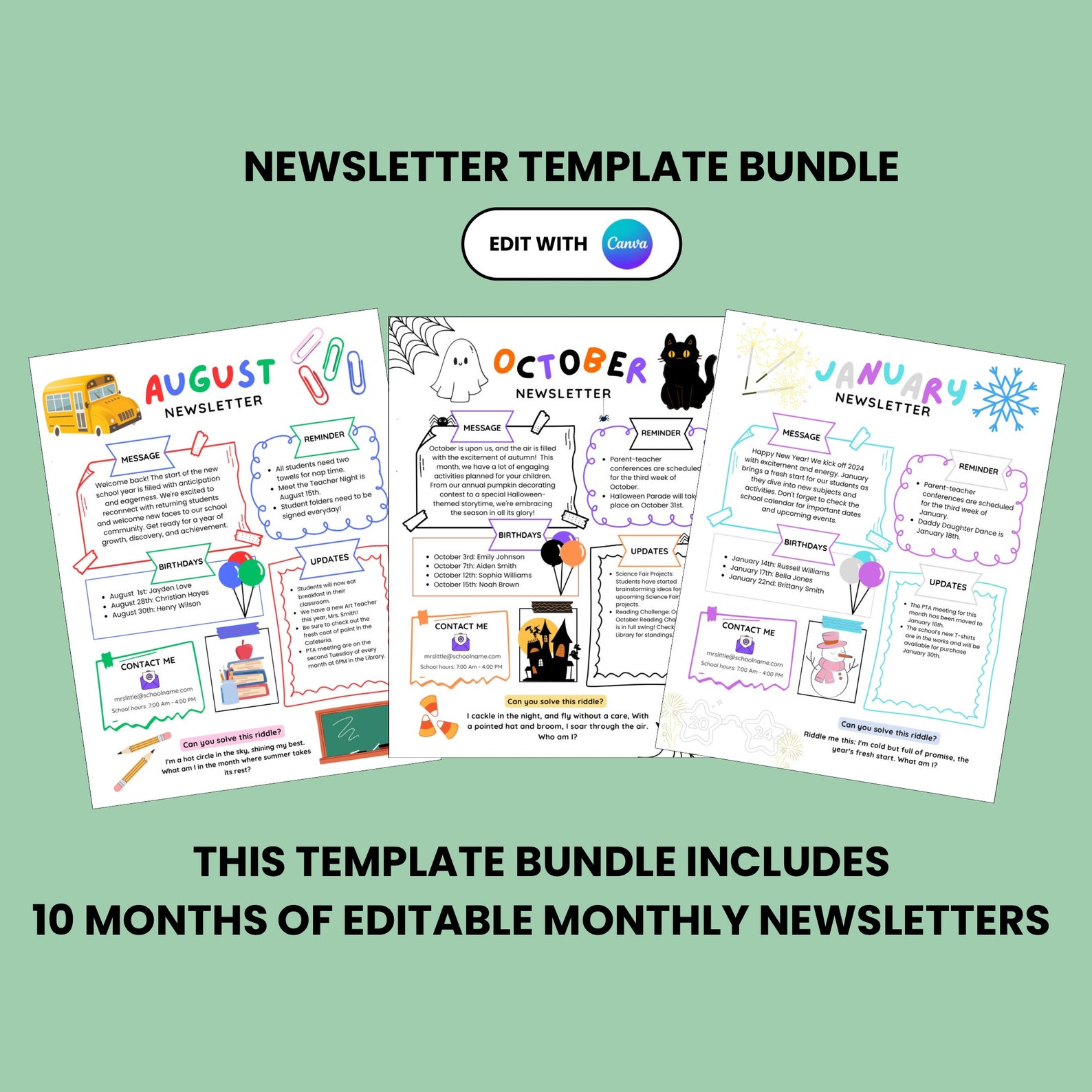 Newsletter Template, Editable Newsletter, Monthly Newsletter, School ...