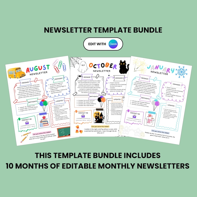 Newsletter Template, Editable Newsletter, Monthly Newsletter, School ...