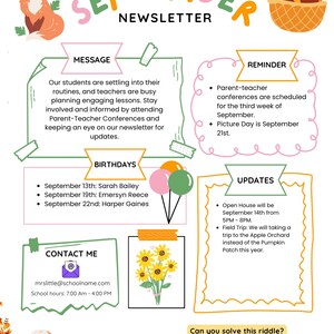 Newsletter Template, Editable Newsletter, Monthly Newsletter, School ...