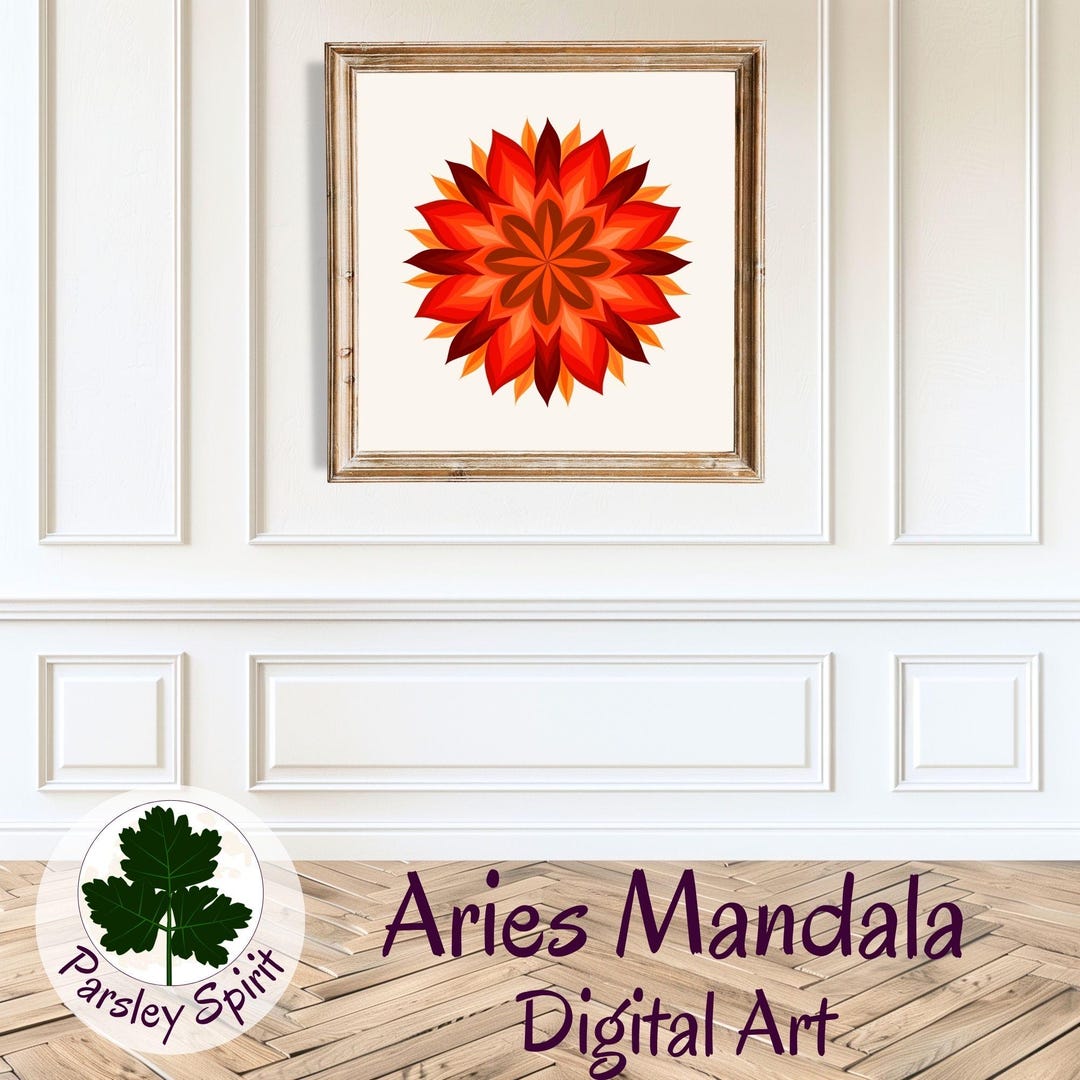 Aries Mandala Digital Art Print, 12”x12” Symmetrical, Red and Orange ...
