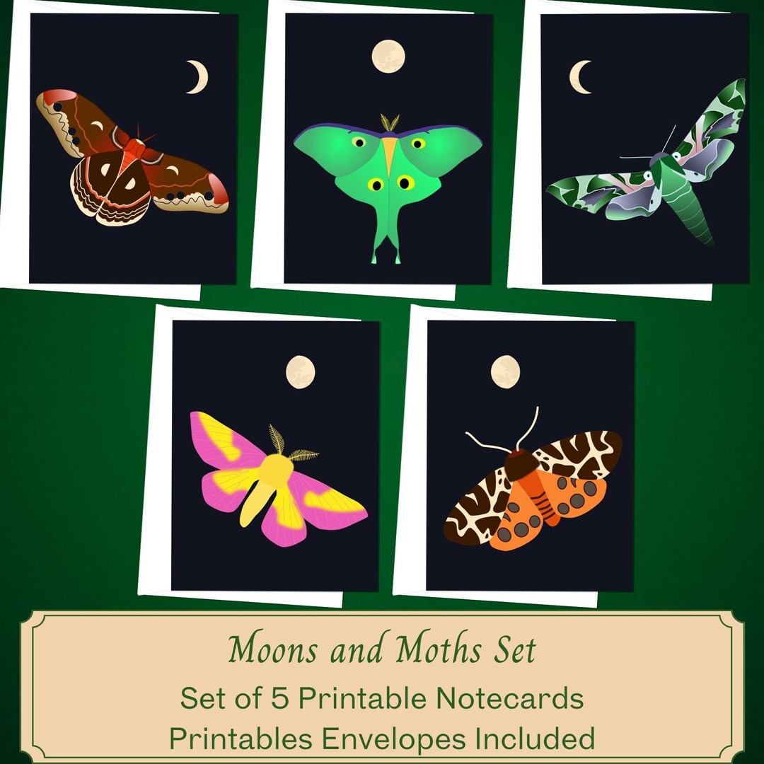 Moths and Moons Card Set, Downloadable Cards, Printable Envelope ...