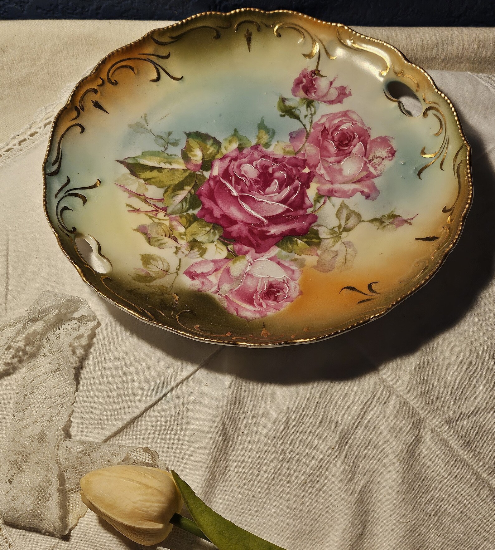 Unmarked Pink Rose Gilded Gold 9 Double-handled Cake Platter - Etsy