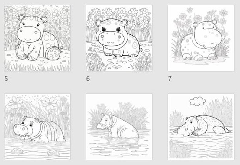 10 Cute Hippos: Printable Pdf Coloring Book for Kids and Adults - Etsy