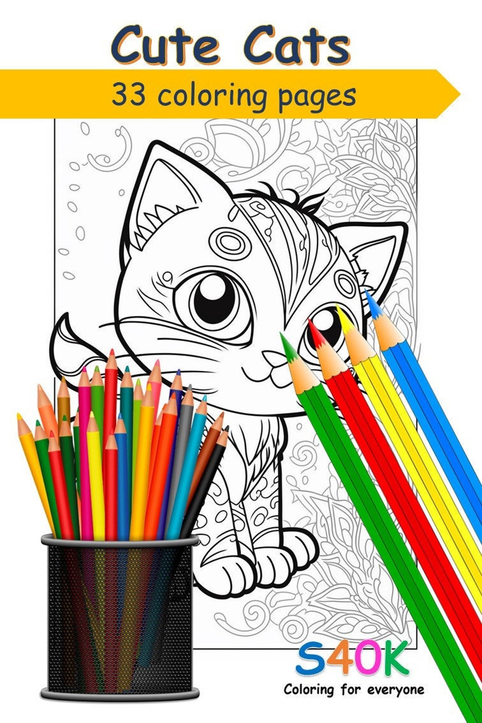 33 Cute Cats Coloring Pages for Kids and Adults: Digital Book Printable ...