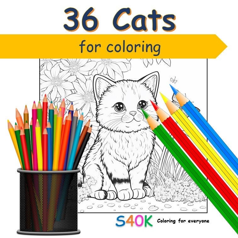 36 Cats Coloring Pages for Kids and Adults: Printable Pdf Coloring Book ...