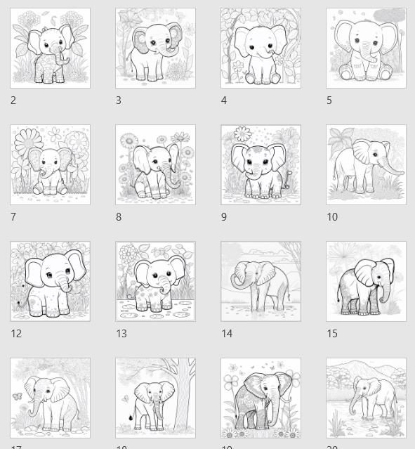 21 Elephant Coloring Pages: Printable Pdf Book for Kids and Adults - Etsy