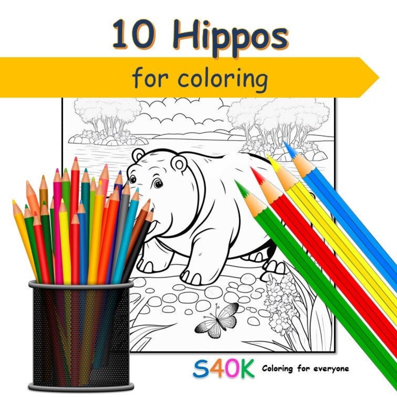 10 Cute Hippos: Printable Pdf Coloring Book for Kids and Adults - Etsy