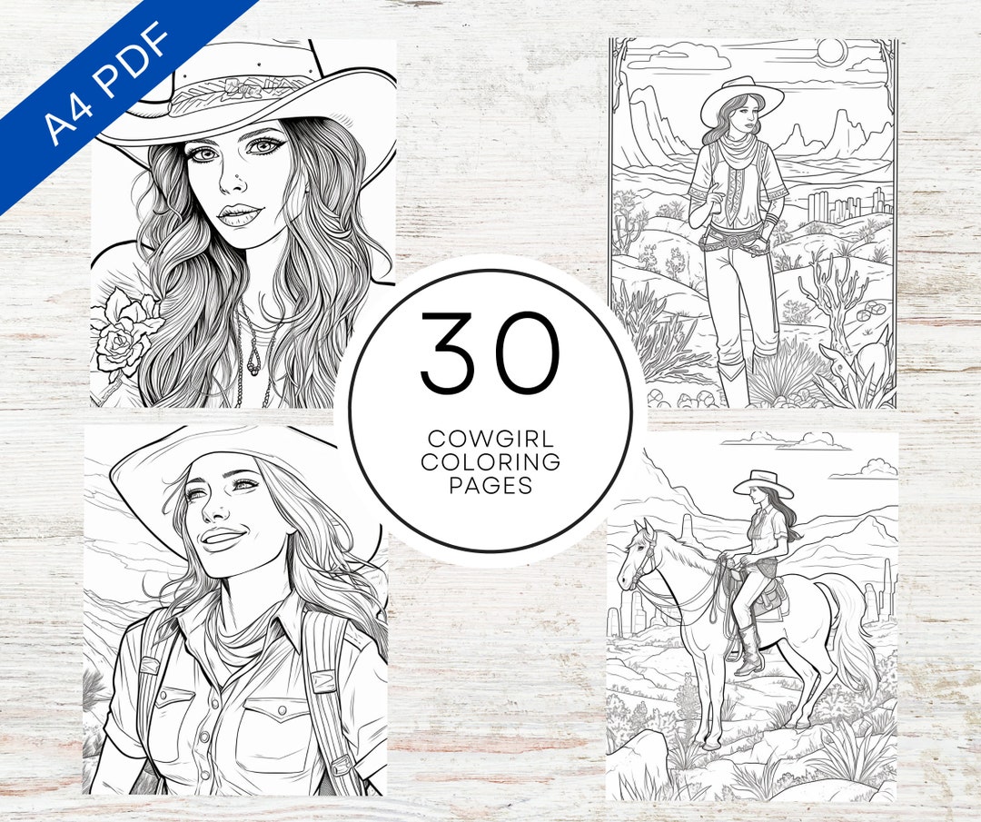 30 Cowgirl Coloring Pages | Printable PDF 30 Pages A4 | Grayscale ...