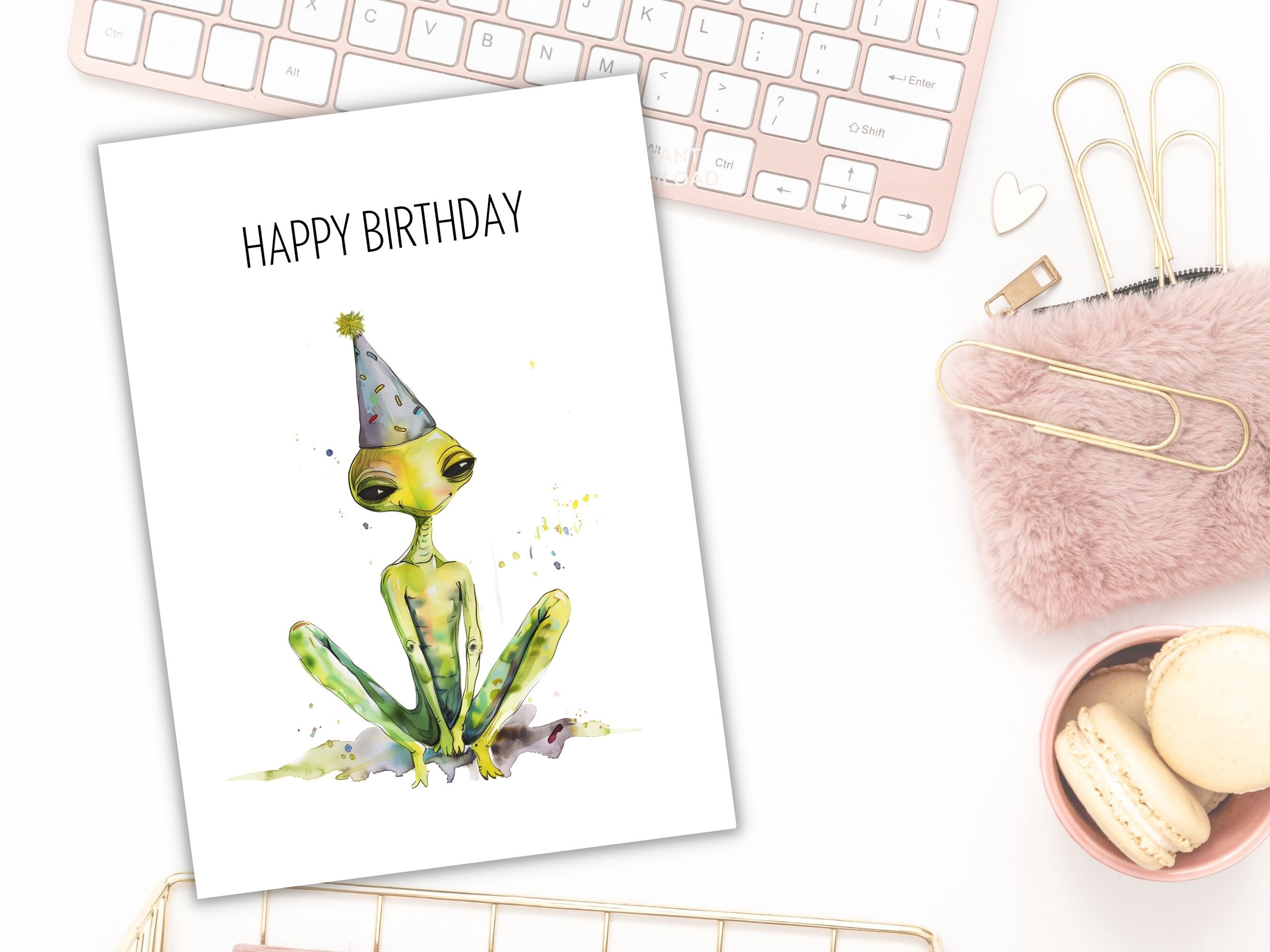 Cute Watercolor Alien Birthday Card, Digital Download Happy Birthday ...