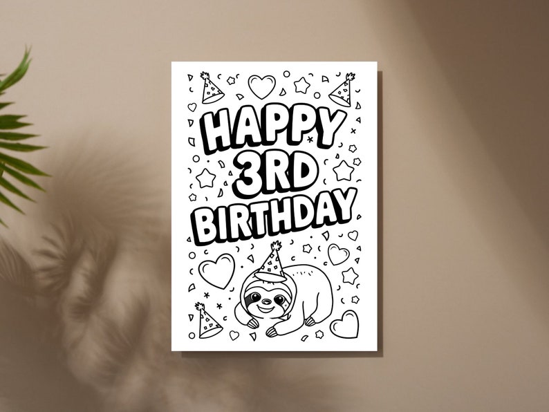 3rd Birthday Sloth Coloring Card Printable Birthday Card Digital ...