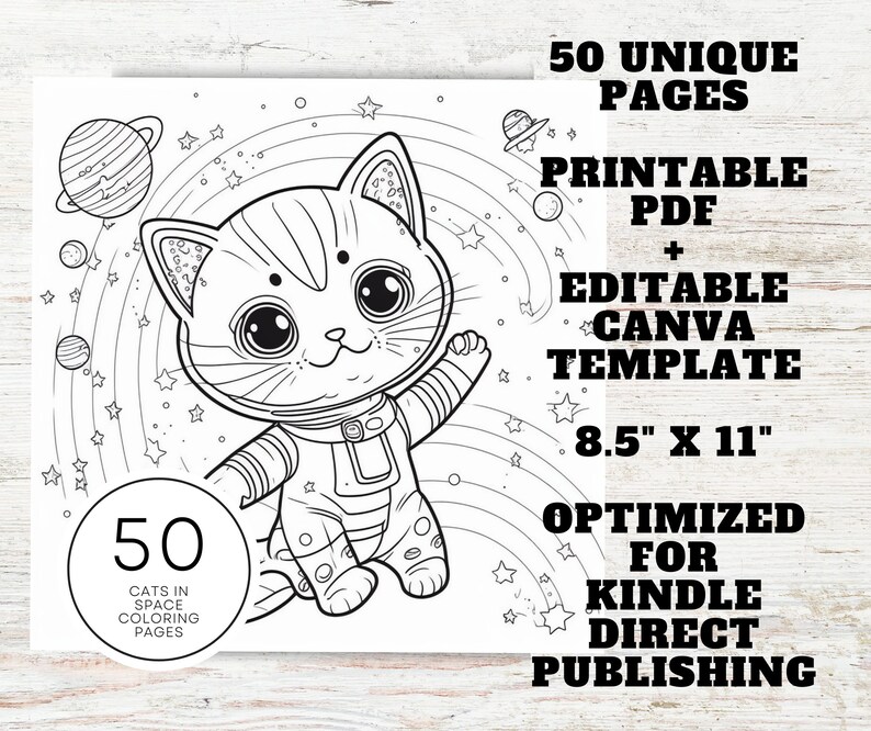 KDP Interior 50 Cats in Space Coloring Pages 8.5 X - Etsy