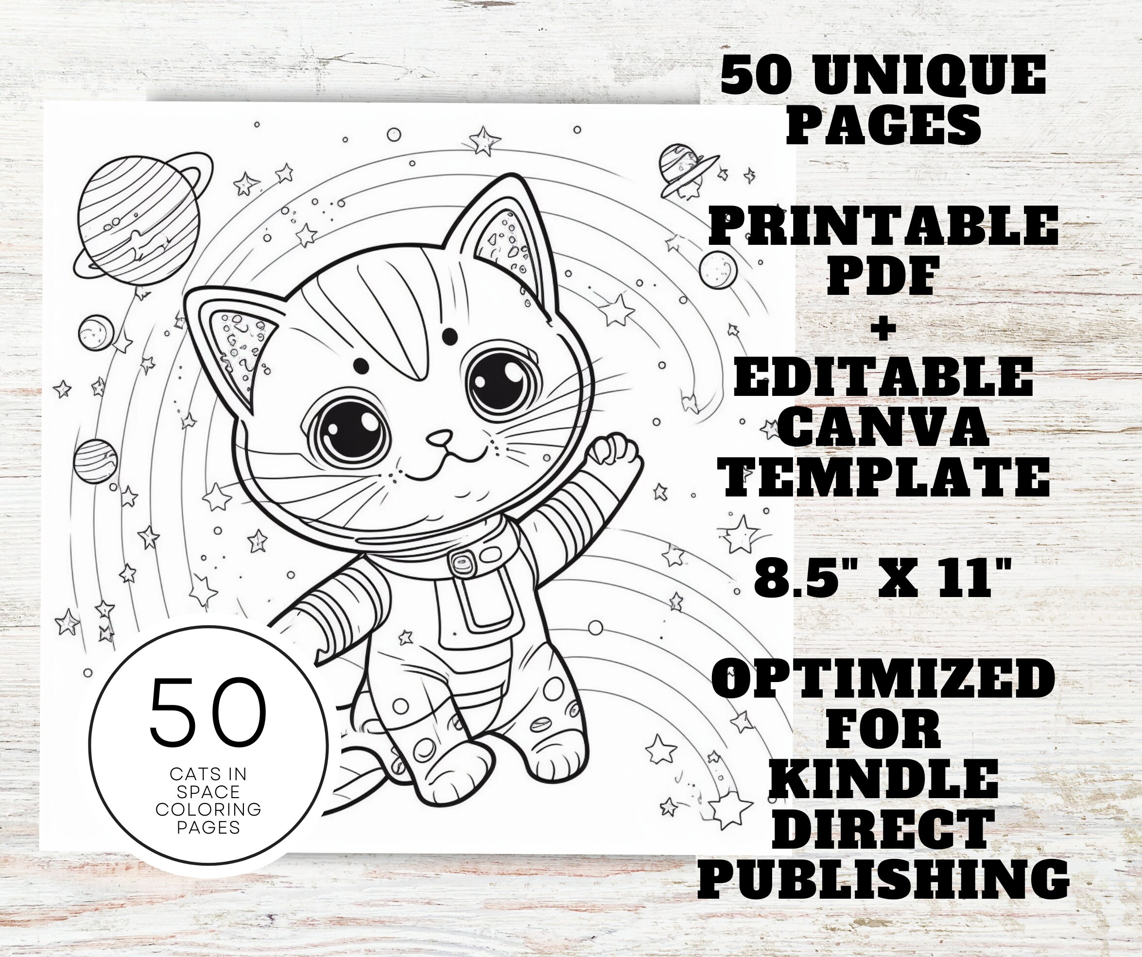 KDP Interior 50 Cats in Space Coloring Pages | 8.5" X 11" Printable PDF ...