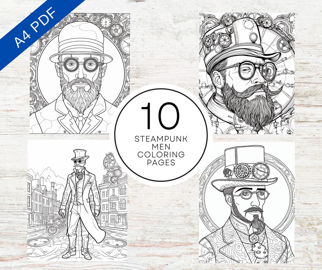 10 Steampunk Men Coloring Pages | Printable PDF 10 Pages A4 | Steampunk ...