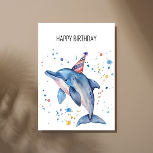 Cute Dolphin Birthday Card, Watercolor Printable Digital Card, Happy ...