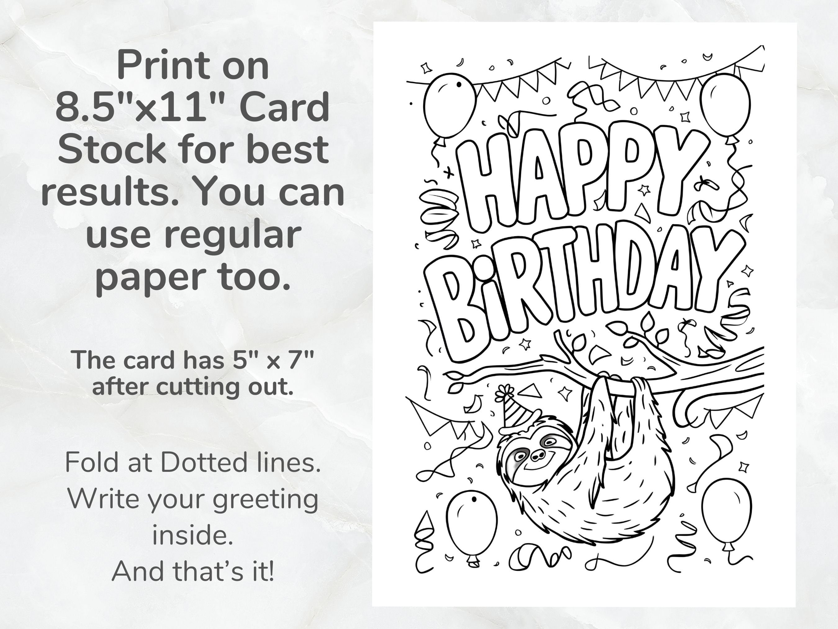 Happy Birthday Sloth Printable Coloring Card | Digital Download Kid's ...
