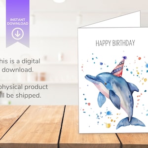 Cute Dolphin Birthday Card, Watercolor Printable Digital Card, Happy ...