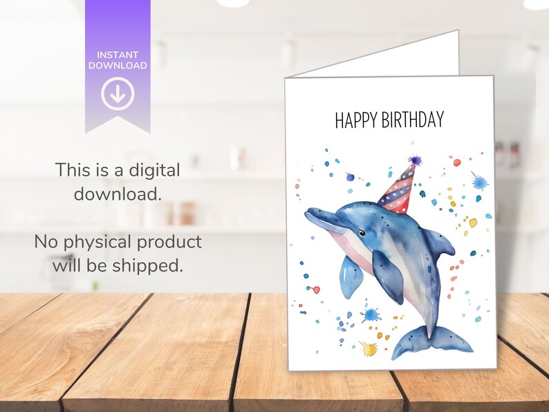 Cute Dolphin Birthday Card, Watercolor Printable Digital Card, Happy ...