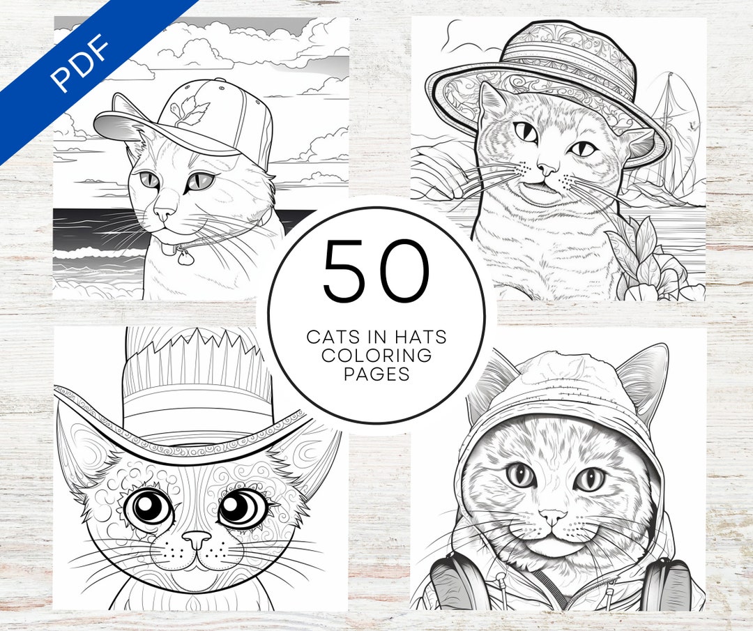 KDP Interior 50 Cats in Hats Coloring Pages | 8.5" X 11" Printable PDF ...