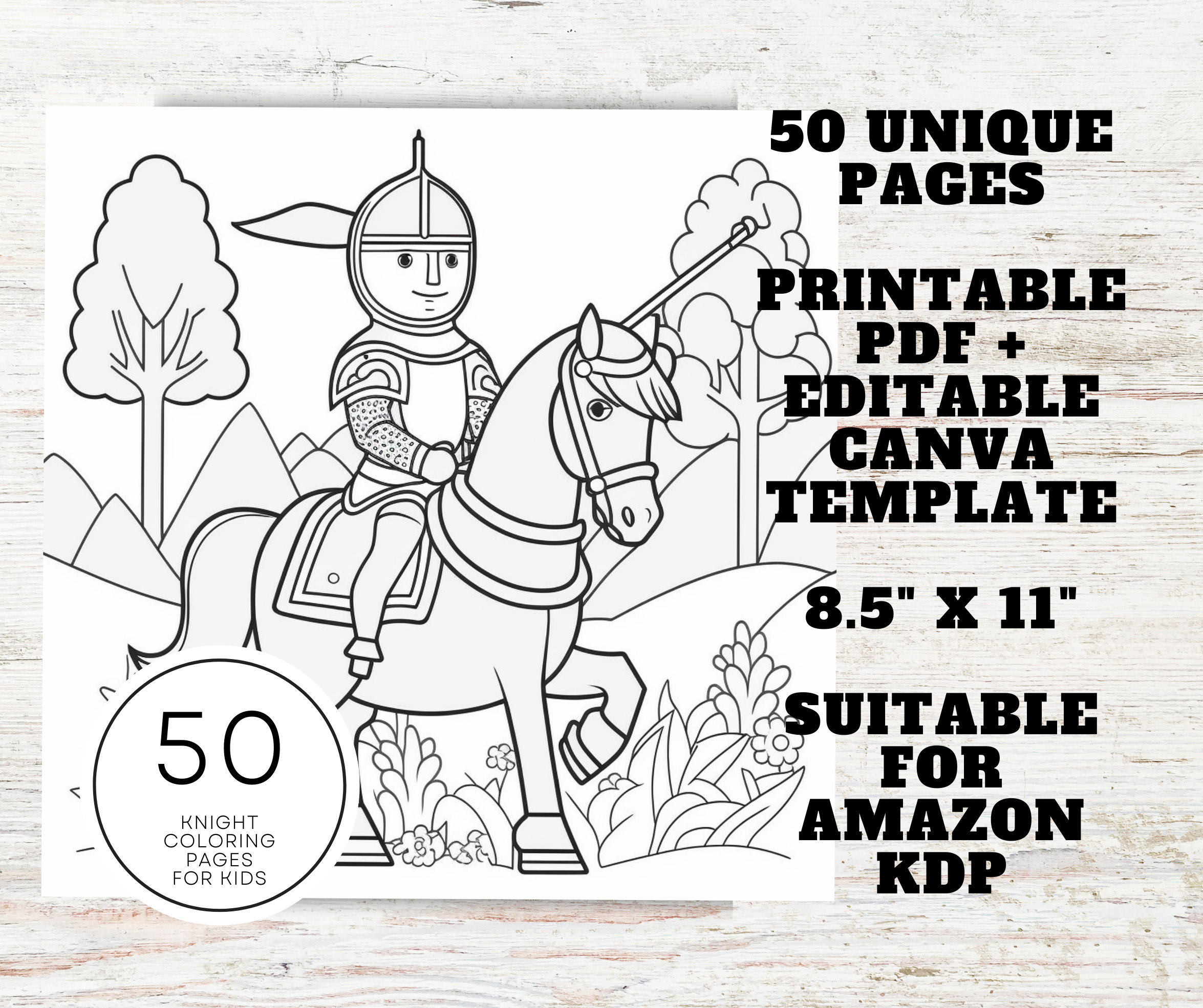 KDP Interior 50 Knight Coloring Pages for Kids | 8.5" X 11" Printable ...
