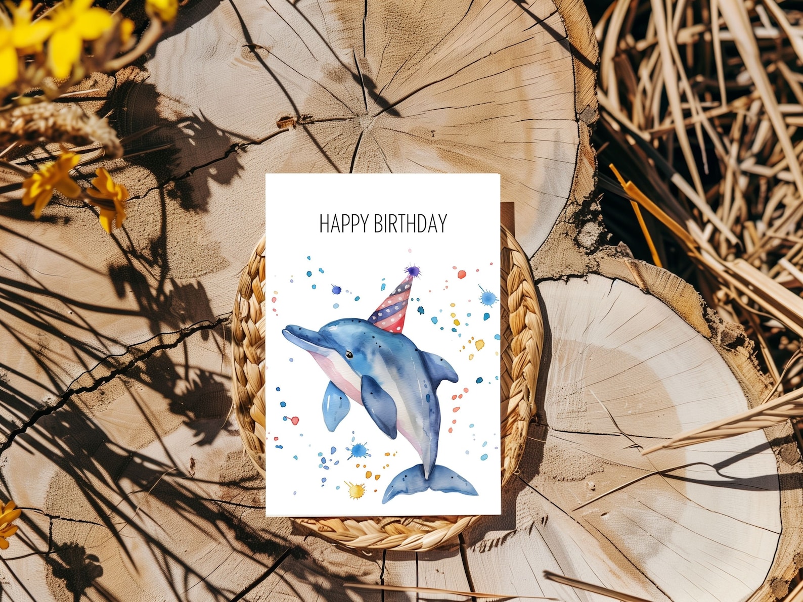 Cute Dolphin Birthday Card, Watercolor Printable Digital Card, Happy ...