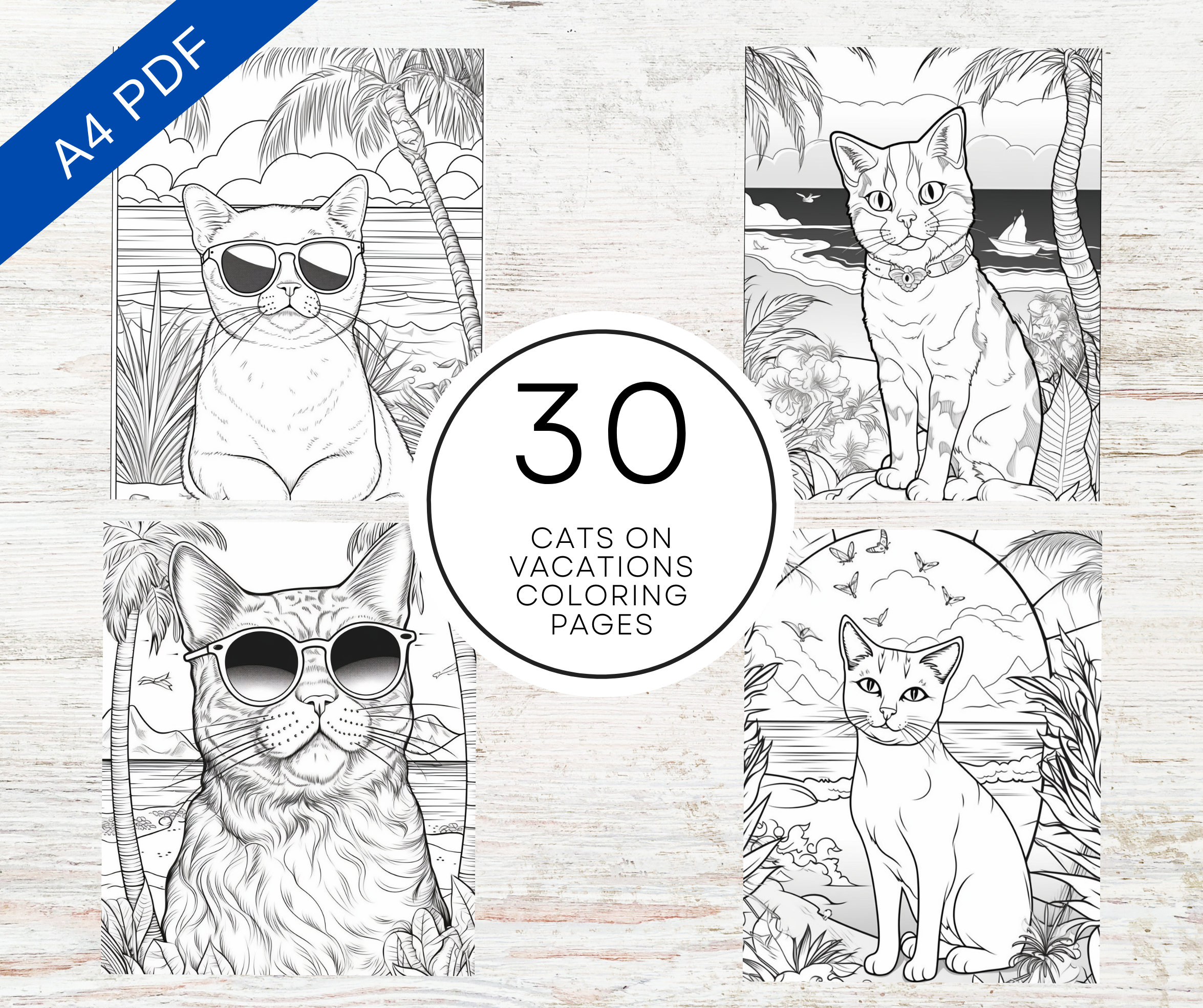30 Cats on Vacations Coloring Pages Printable PDF 30 Pages A4 Summer ...