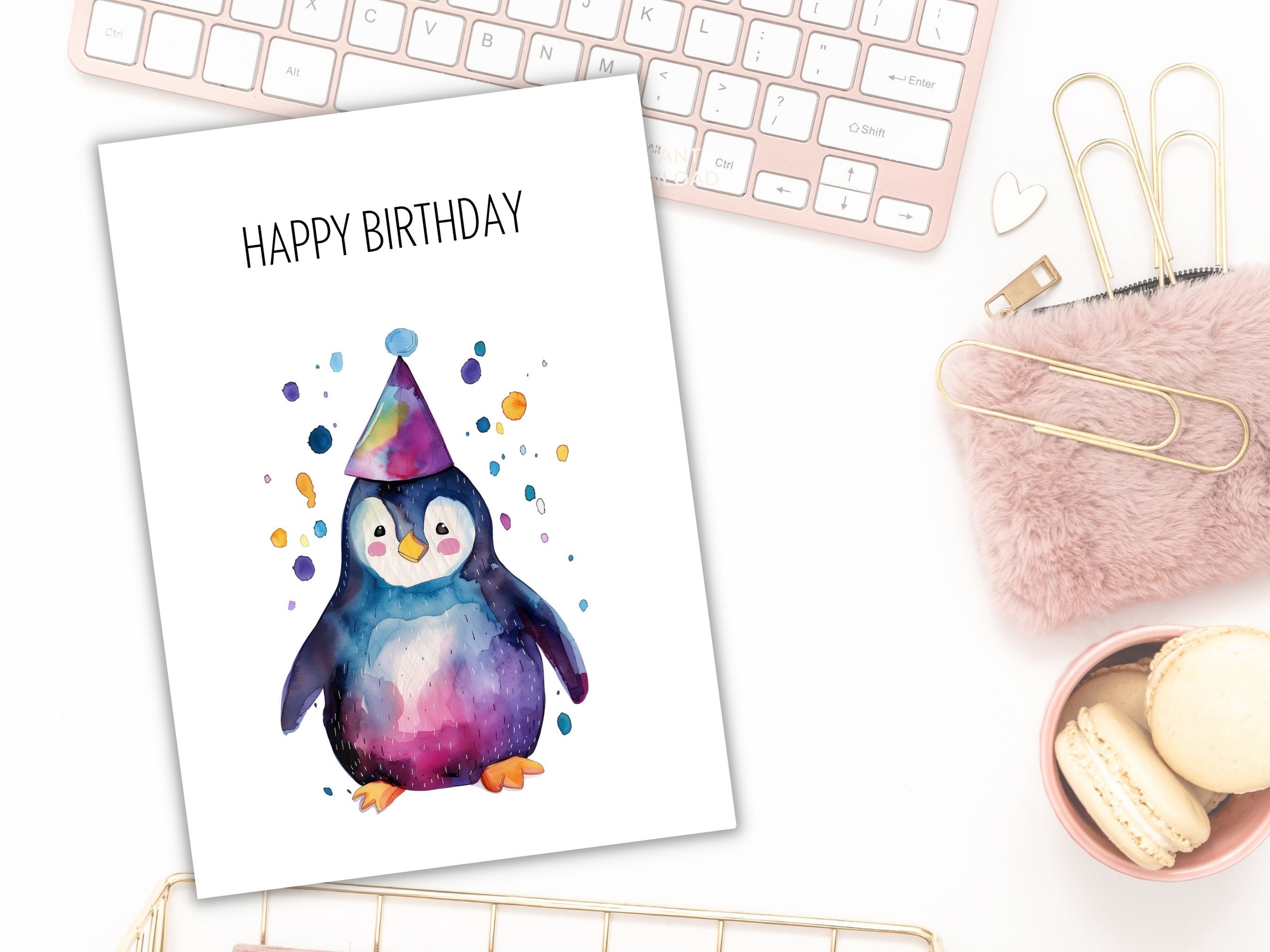 Cute Penguin Birthday Card, Watercolor Printable Greeting Card, Digital ...