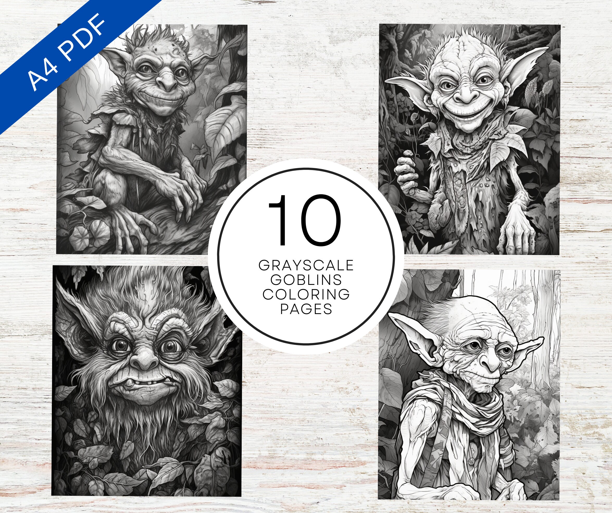 10 Grayscale Fantasy Goblin Coloring Pages for Adults | Digital Fantasy ...