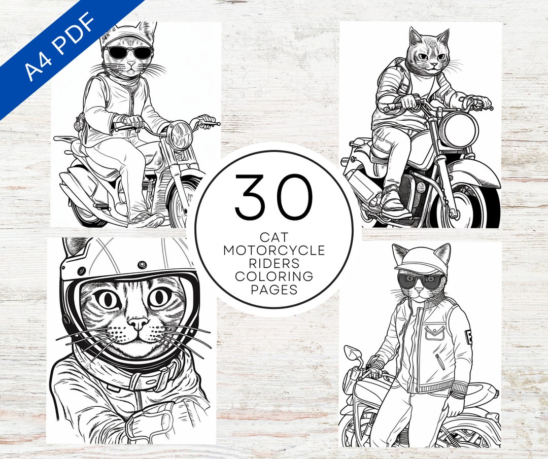 30 Cat Motorcycle Riders Coloring Pages | Printable PDF 30 Pages A4 ...
